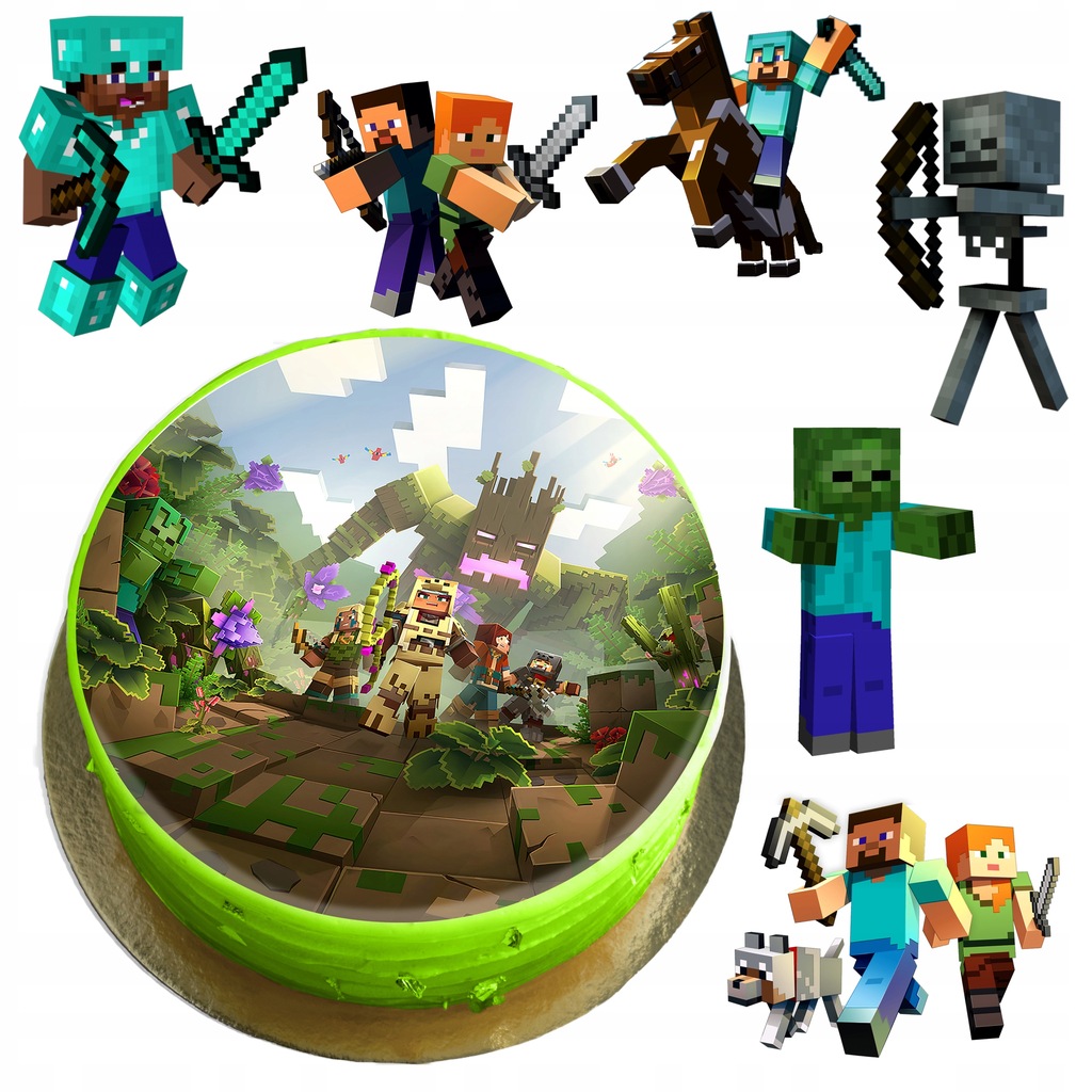 CUKROWY OPŁATEK NA TORT MINE-CRAFT + ZESTAW POSTACI WYDRUK DEKORACJA ...