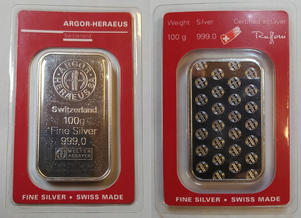sztabka srebra 100 g ARGOR - HERAEUS LBMA Ag 999 - 14245610431 - oficjalne archiwum Allegro