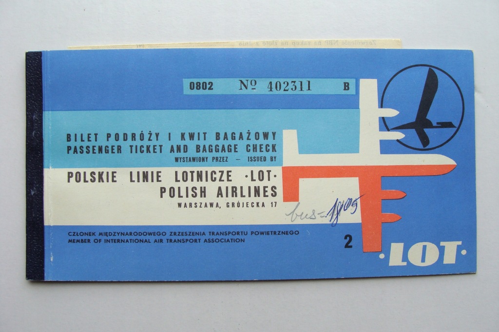 PLL LOT stary BILET LOTNICZY 1966 - 7919170237 - oficjalne archiwum Allegro