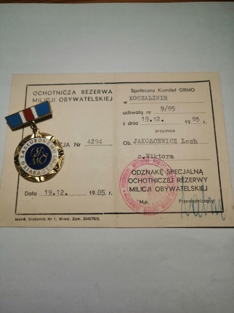 Legitymacja z odznaką ormo milicja obywatelska PRL - 12935727071 ...