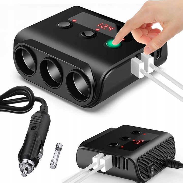 ROZDZIELACZ SAMOCHODOWY GNIAZDA ZAPALNICZKI 12V-24V TRÓJNIK ŁADOWARKA 4xUSB - 15249756542 ...