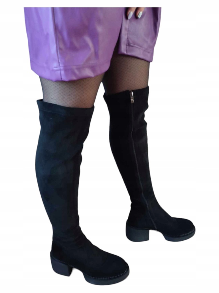 KOZAKI ZAMSZOWE DŁUGIE NA SŁUPKU DO KOLAN SKÓRA PLATFORMA GOODIN 38 ...