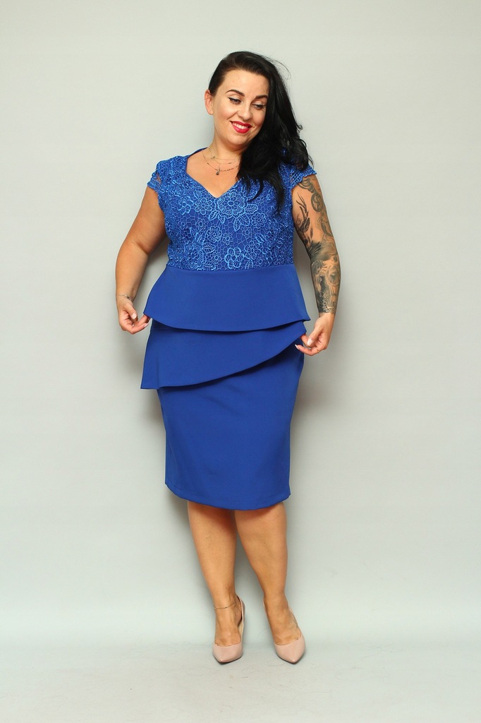 Sukienka LUCYNA baskinka z koronką chabrowa 54 - 7610173585 - oficjalne ...