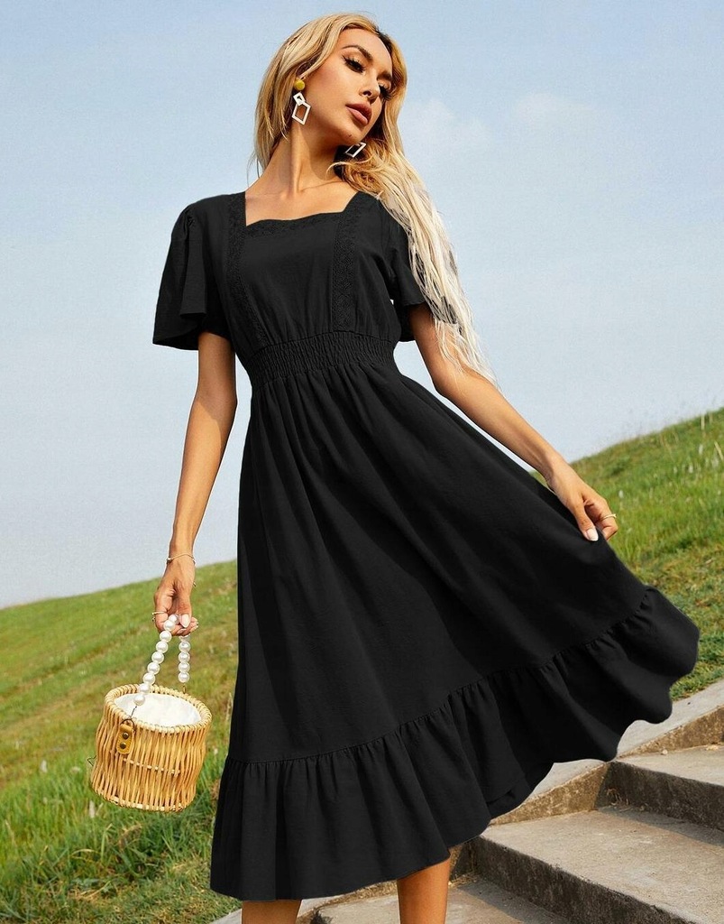 SUKIENKA MIDI CZARNA FALBANKI KRÓTKI RĘKAW SHEIN 40 - 15389340897 - oficjalne archiwum Allegro