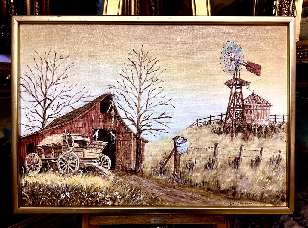 WIDOK NA DWNE GOSPODARSTWO WIEJSKIE CIEKAWY OBRAZ OLEJNY NA PŁÓTNIE ...