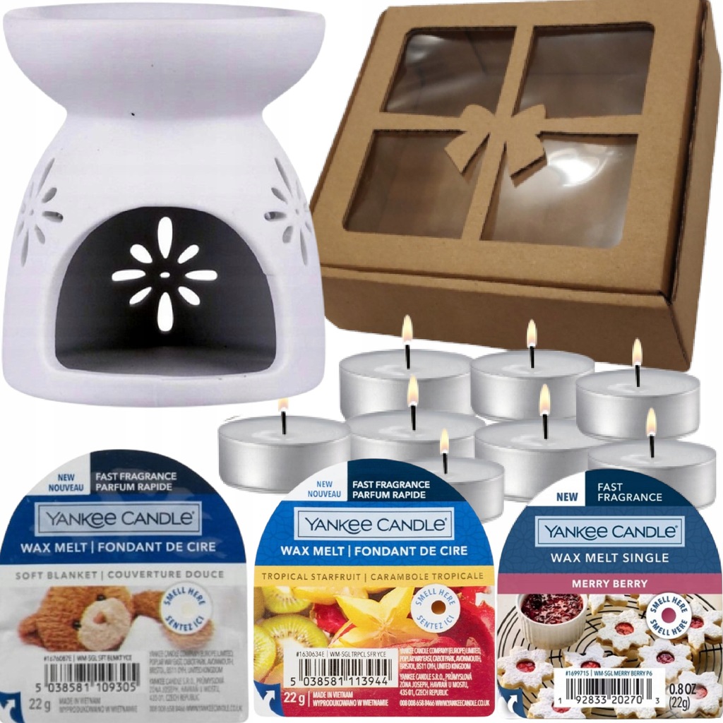 WOSK YANKEE CANDLE + KOMINEK ZESTAW PREZENTOWY BOX - 12874498974 - oficjalne archiwum Allegro