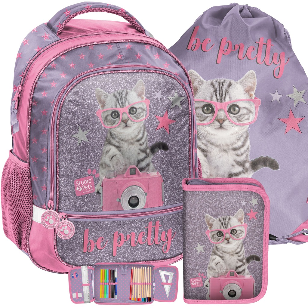 PLECAK SZKOLNY KOTEK Z KOTKIEM BROKATOWY ZESTAW - 9207341897 - oficjalne archiwum Allegro