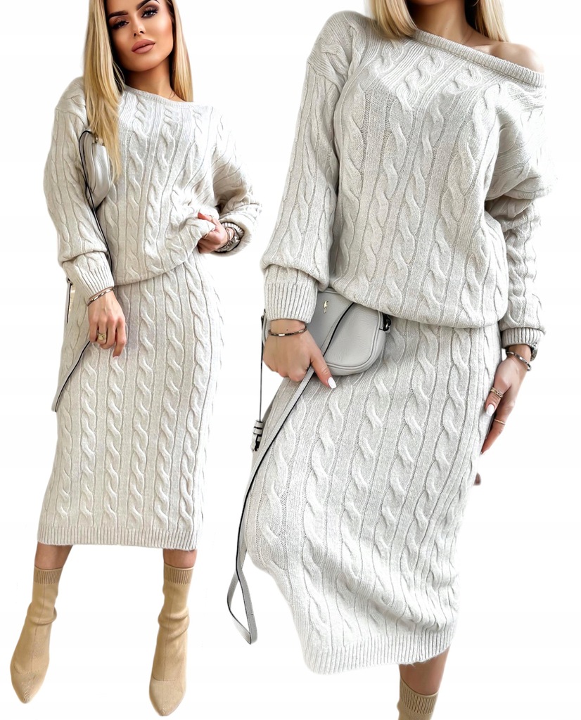 SPÓDNICA midi SWETER damski DZIANINOWY ciepły komplet sukienka ...