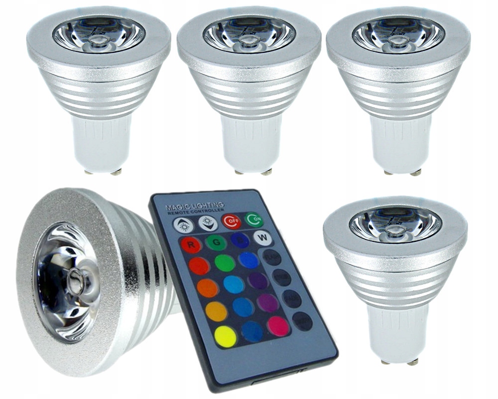 LED 5x GU10 3W 230V RGB z PILOTEM KOLOROWA ŻARÓWKA - 9706111373 - oficjalne archiwum Allegro