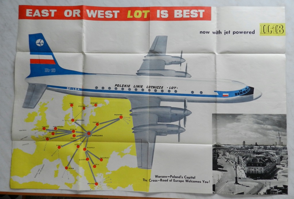 Plakat REKLAMA folder PLL LOT - SAMOLOT IŁ-18 Lata 60-te. WARSZAWA, PRL ...