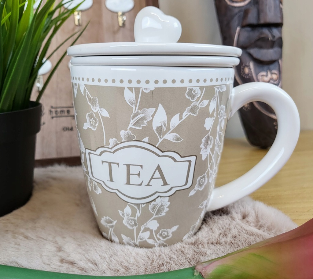 KUBEK Z POKRYWKĄ I ZAPARZACZEM CERAMICZNYM 450ML - 12906796140 - oficjalne archiwum Allegro