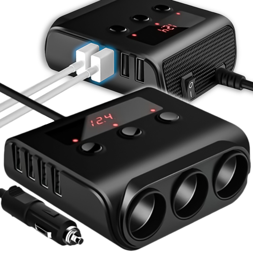Rozdzielacz Gniazda Zapalniczki 12-24V 4x USB 3.0QC + 3 Gniazda Woltomierz - 14811571726 ...