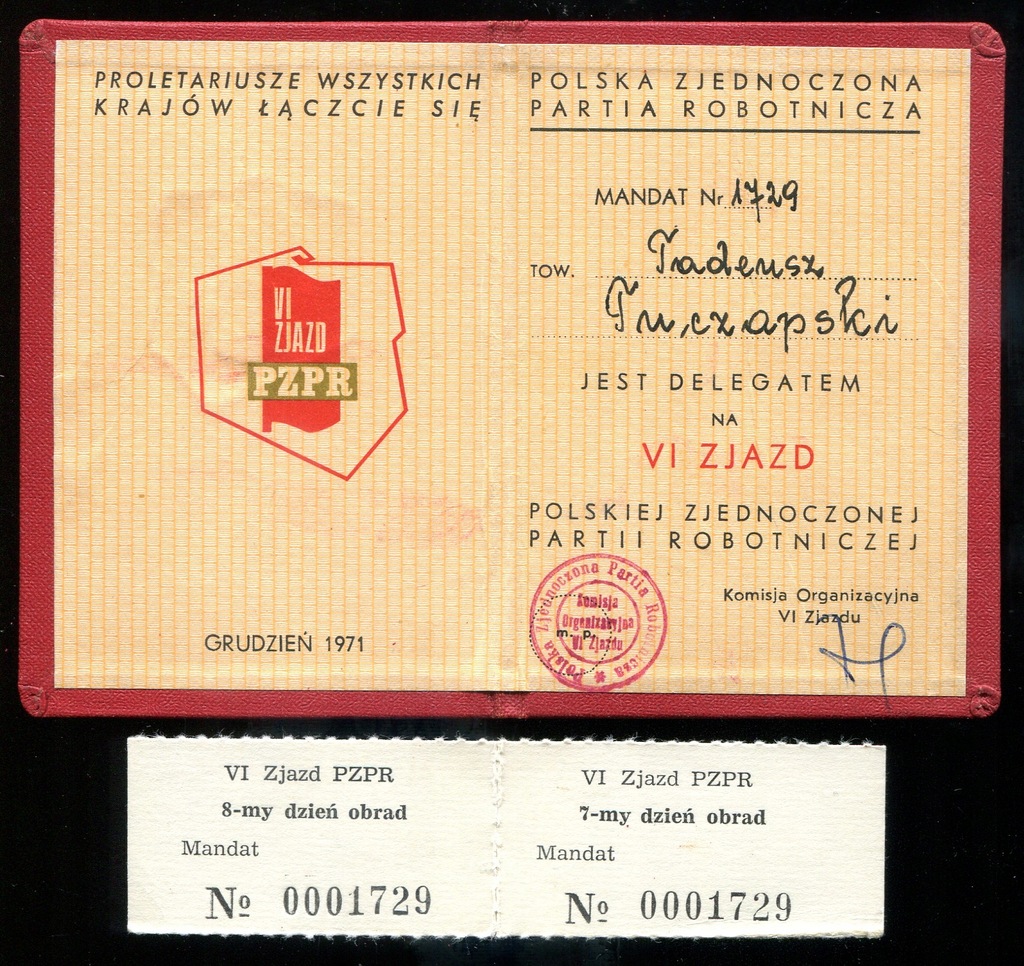 Legitymacja PZPR delgat na zjazd KC gen.Tuczapski - 13391109040 ...