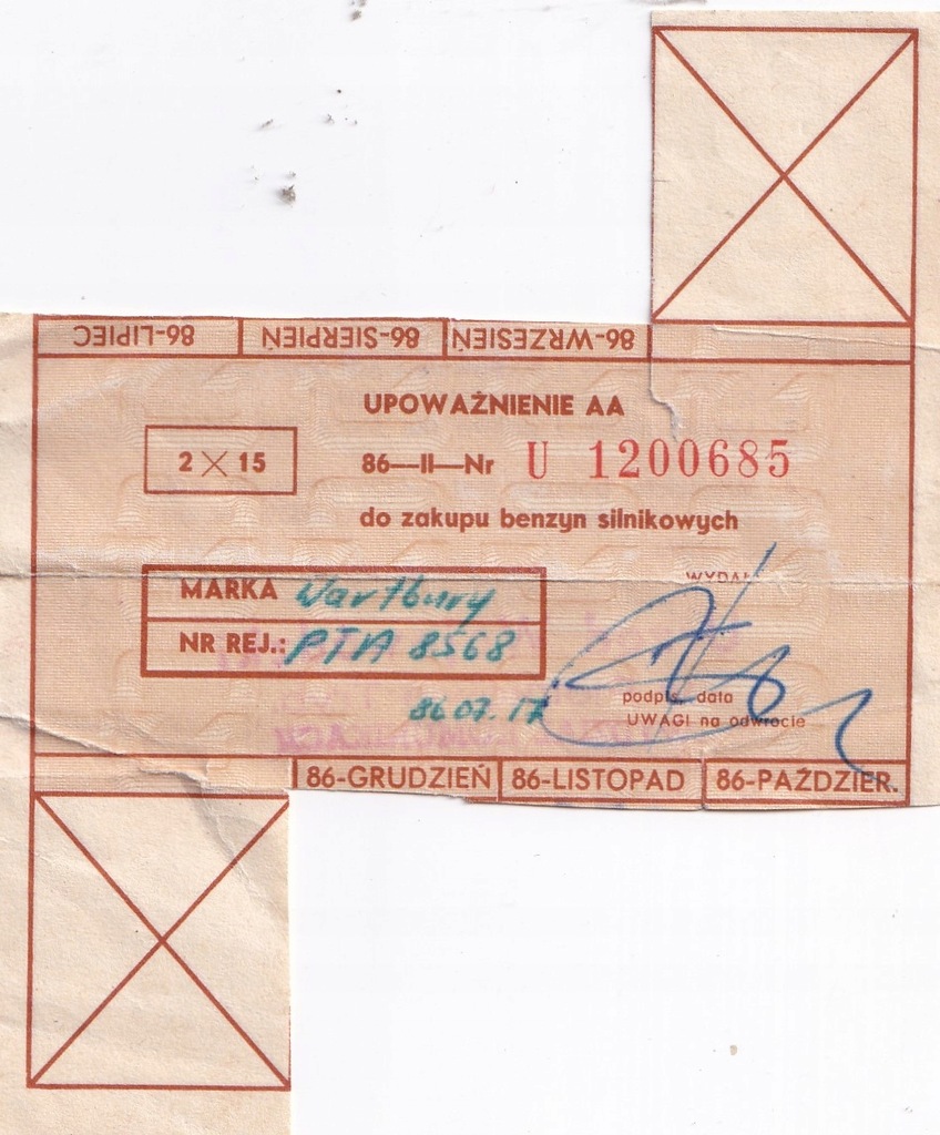 Upoważnienie do zakupu benzyn silnikowych Wartburg - 12414999043 ...