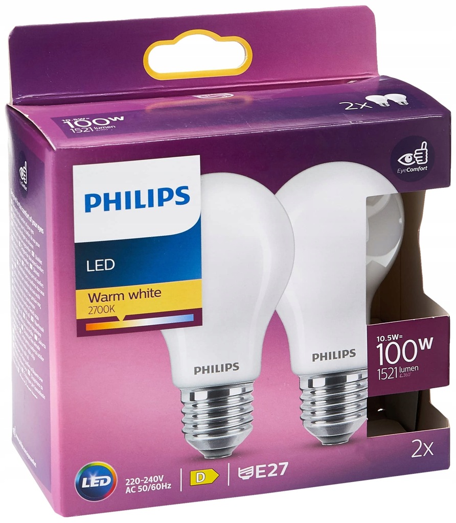 PHILIPS Zestaw 2 Żarówek LED E27 10,5W =100W 2700K - 13887440568 - oficjalne archiwum Allegro