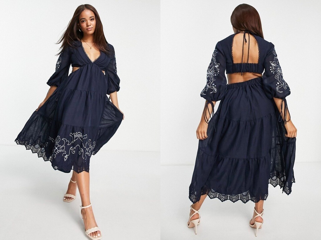 DESIGN granatowa sukienka midi z haftem 36 - 13284725630 - oficjalne archiwum Allegro