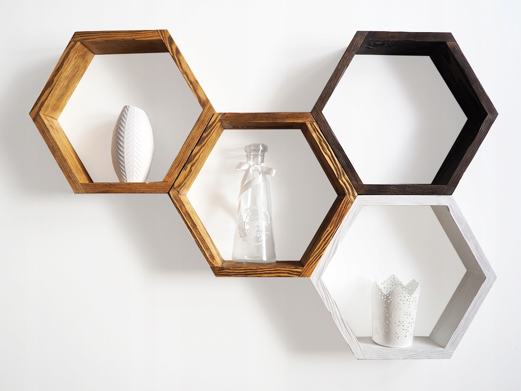 Półka Heksagon Półki Drewniane Postarzane 4 szt. - 8911970362 ...