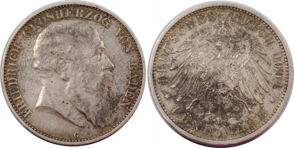 6CL. NIEMCY BADENIA 5 MAREK 1904 G SREBRO.900 7.03 - 15268614192 - oficjalne archiwum Allegro