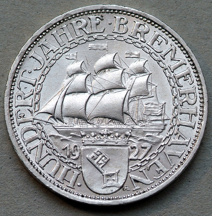 3 marki 1927 A - 100 lat Bremerhaven, żaglowiec - 14284631638 - oficjalne archiwum Allegro