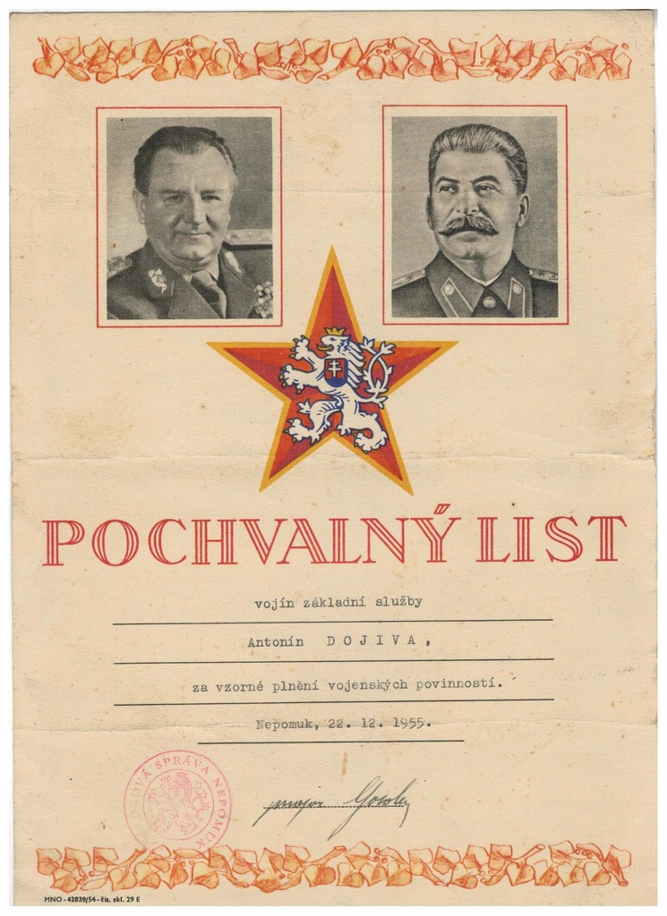 Czechosłowacja 1955 wojsko List pochwalny Stalin - 12609563892 ...