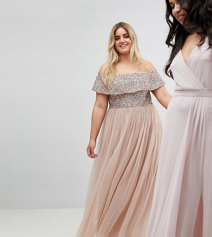 Asos MAYA bardot maxi sukienka tiul cekiny 46 3XL - 7943854970 - oficjalne archiwum Allegro