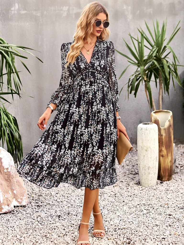 SHEIN czarna zwiewna sukienka w kwiaty z długim rękawem L - 15130516645 - oficjalne archiwum Allegro