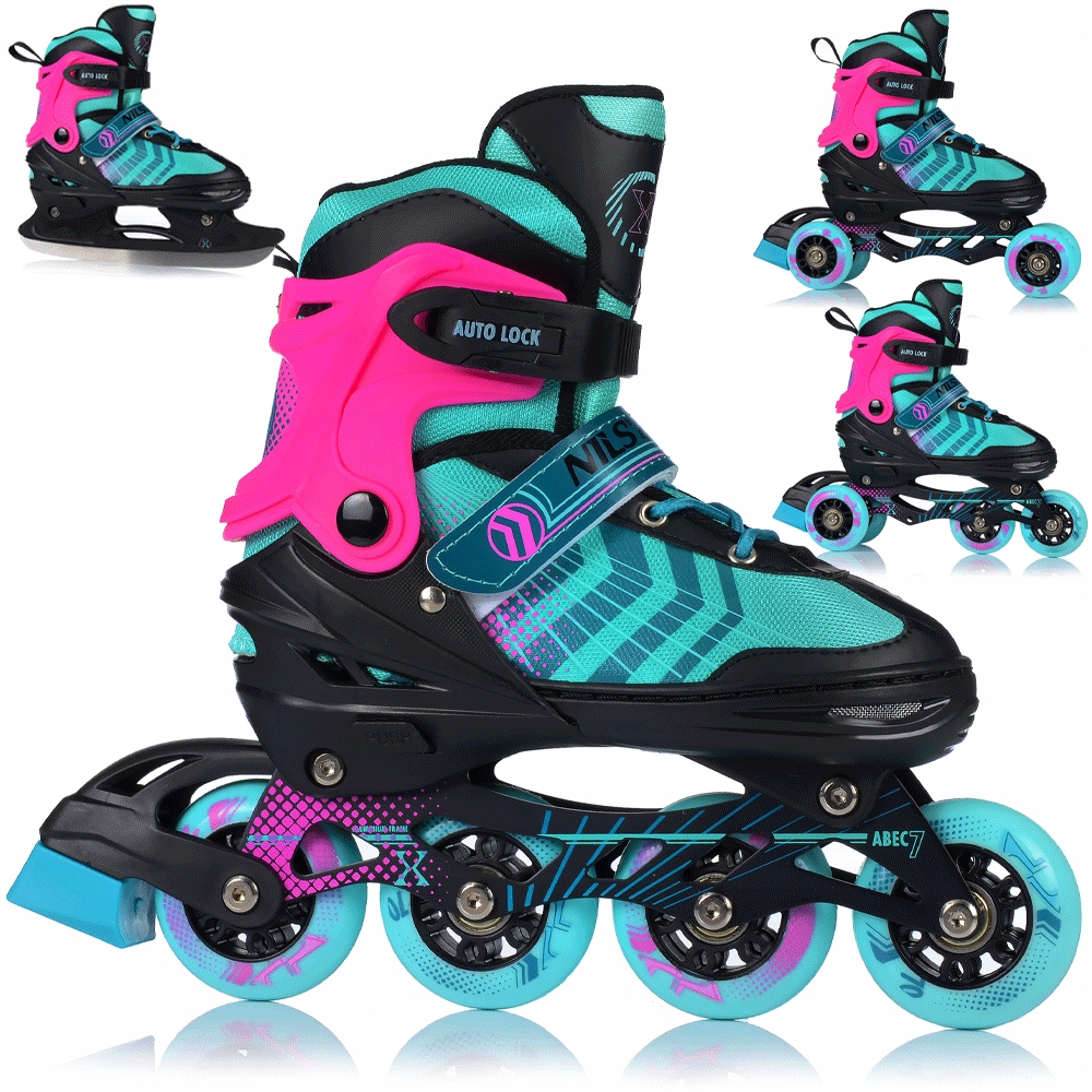 ŁYŻWOROLKI REGULOWANE 4w1 ROLKI DLA DZIECI KAUCZUKOWE KOŁA WROTKI ŁYŻWY ...