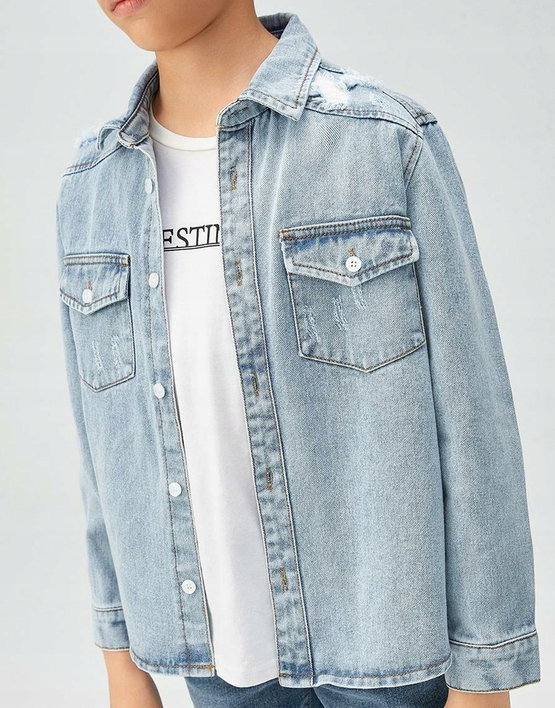 NIEBIESKA KURTKA JEANSOWA KLASYCZNA PRZETARCIA GUZIKI SHEIN 140 - 15193965101 - oficjalne ...