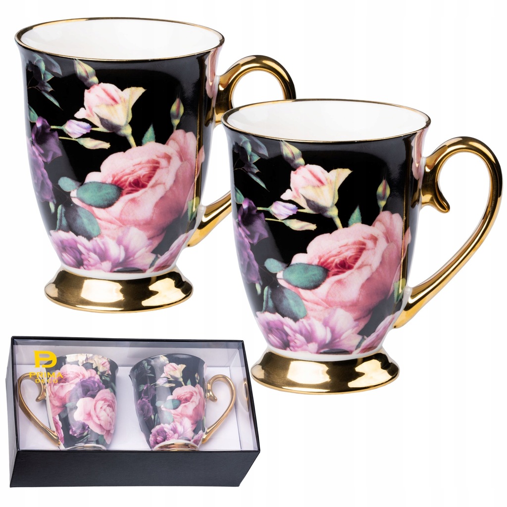 KUBKI PORCELANOWE 2 SZT DO KAWY HERBATY ZE ZŁOTYM UCHEM NA NÓŻCE 300ML ...