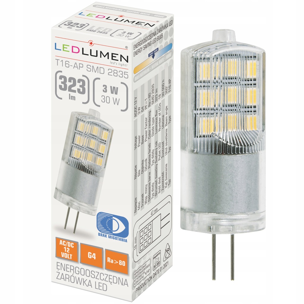 Żarówka LED G4 T16 12V AC/DC 3W=30W SMD 323lm 360° Brak Migotania 4000K - 14919079615 ...