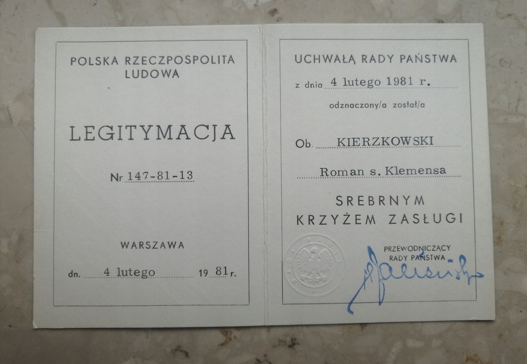 Legitymacja srebrny krzyż zasługi PRL - 12535740702 - oficjalne ...