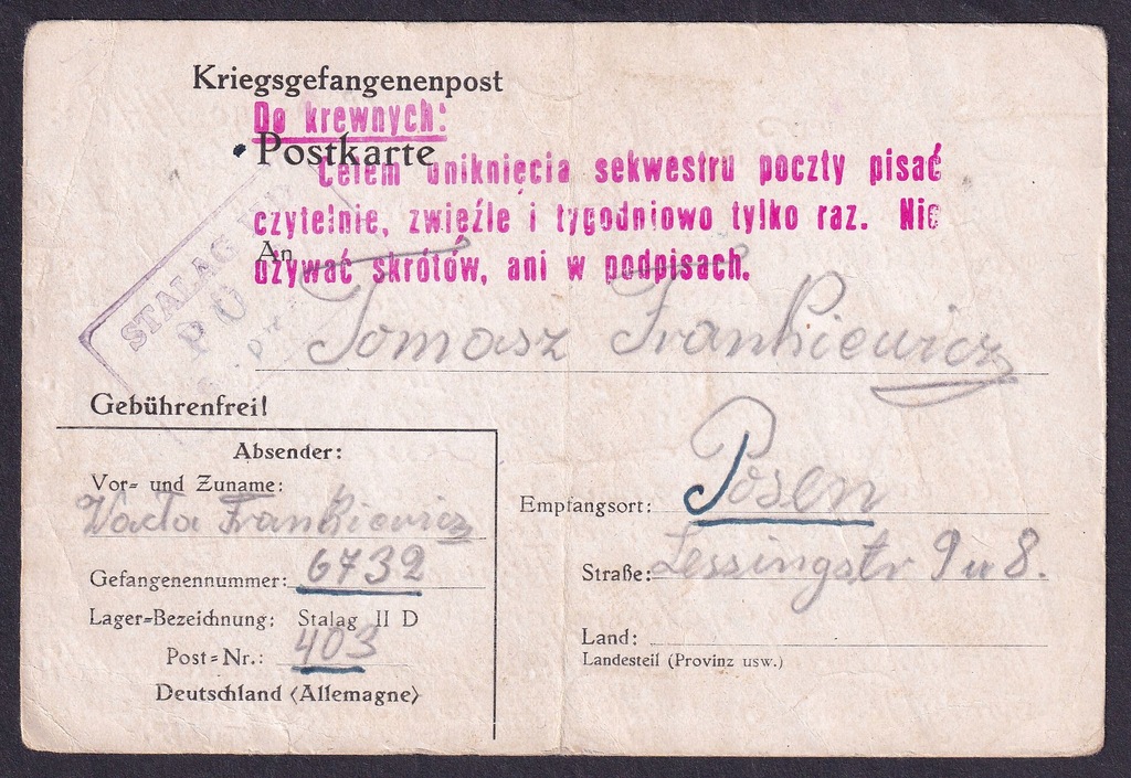 Stalag IID Stargard kartka do Poznania 1940 (47) - 11404136360 ...