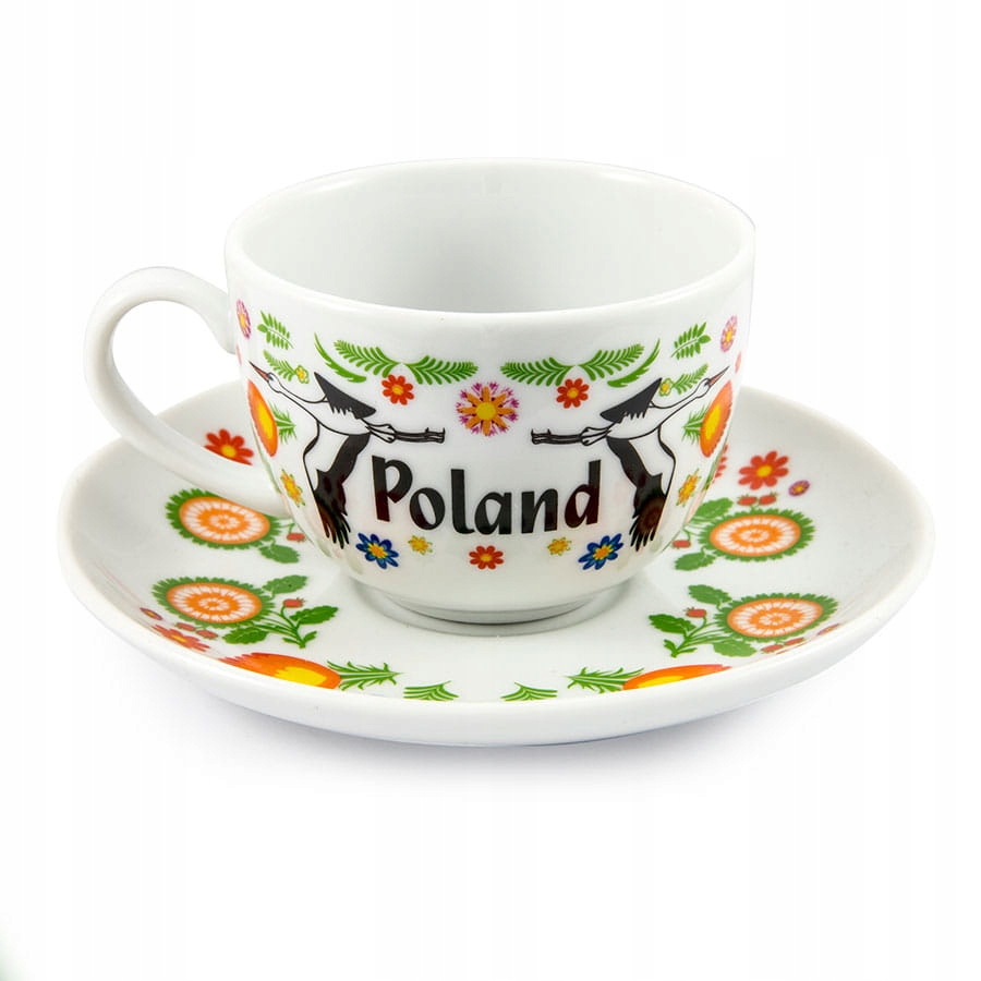 Filiżanka i spodek kwiaty POLSKA POLAND bocian bociany folk napis ...