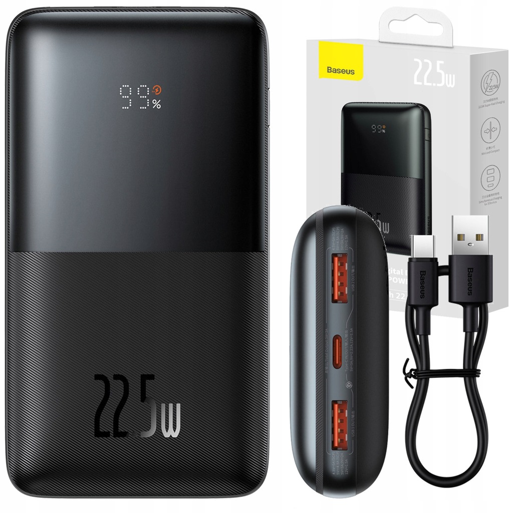 BASEUS POWER BANK USB-C 2xUSB 20000mAh 22,5W KABEL - 12762117566 - oficjalne archiwum Allegro