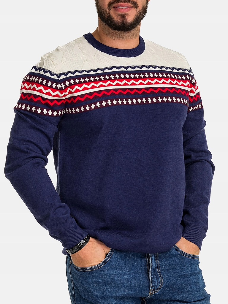 Sweter męski elegancki klasyczny norweski wzór granatowy L ...