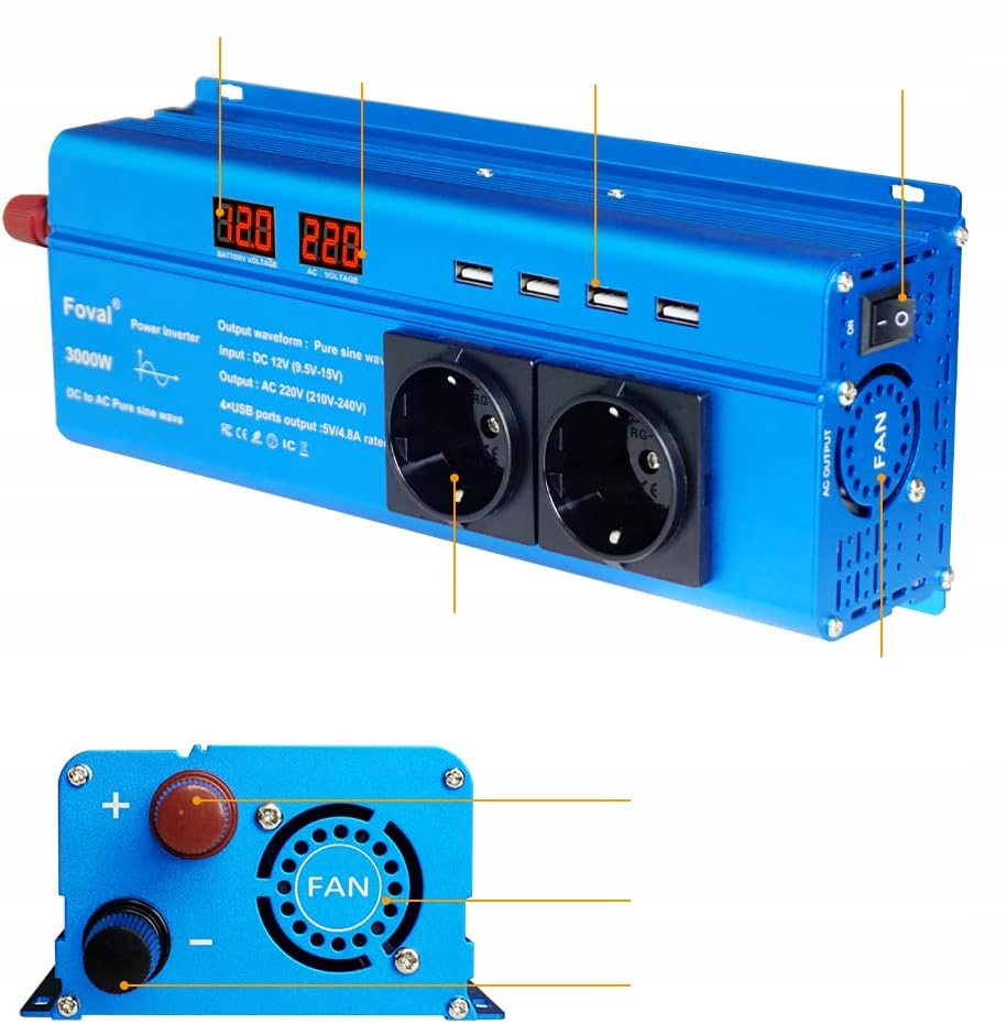 Falownik Foval 3000W, 12V 230V, Power Inverter, z 4 portami USB ...
