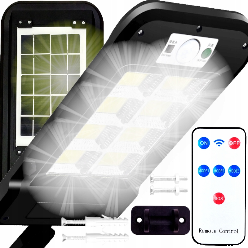 LAMPA SOLARNA ULICZNA LATARNIA LED CZUJNIK RUCHU ZMIERZCHU + PILOT 3 TRYBY - 13856486128 ...