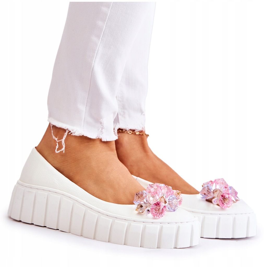 SKÓRZANE BALERINY NA PLATFORMIE Z OZDOBĄ BIAŁE 36 - 12269472209 ...