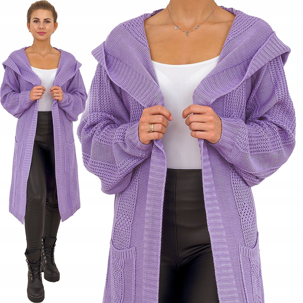 DŁUGA NARZUTKA KARDIGAN Z KAPTUREM SPLOT UNI U145 - 13373299864 ...