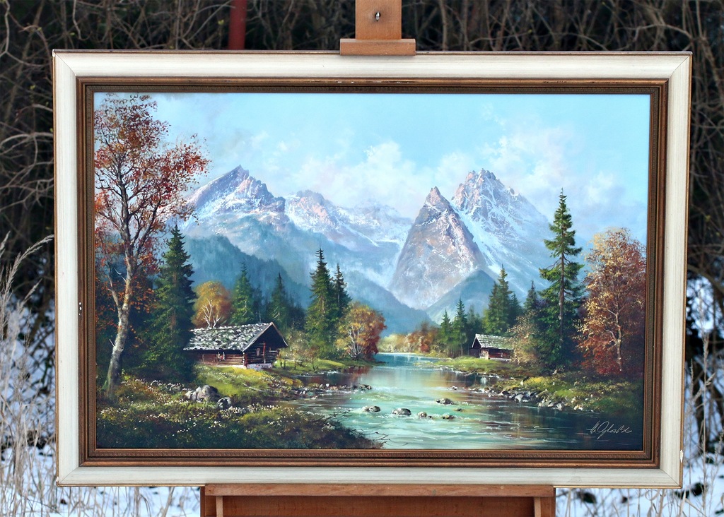 HELMUT GLASSL (1930-?) - MALOWNICZY PEJZAŻ Z GÓRAMI I RZEKĄ, WIELKI ...