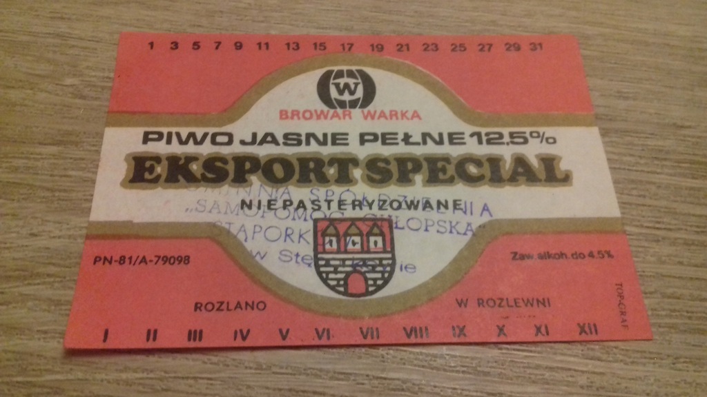 Stara Etykieta z piwa PRL #31 Browar Warka Eksport - 9033111077 - oficjalne archiwum Allegro