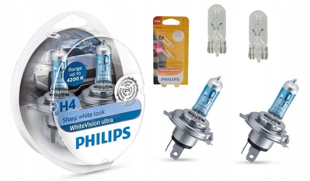 PHILIPS ŻARÓWKI H4 WHITE VISION ULTRA 4200K + W5W - 13097239467 ...