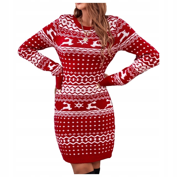 CIEPŁA SUKIENKA SWETERKOWA ŚWIĄTECZNA DŁUGI SWETER BOŻE NARODZENIE S ...