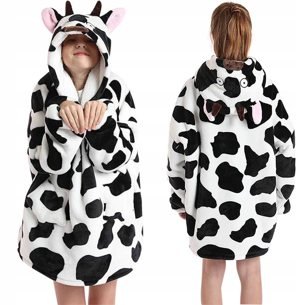 CIEPŁA BLUZA KOC OVERSIZE GRUBA KOCOBLUZA KROWA Z KAPTUREM DLA DZIECI ...