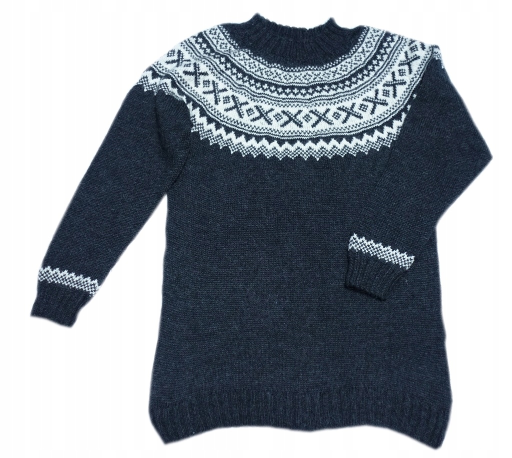 HANDMADE sweter norweski wzór długi damski gruby 100% wełna lana wool ...