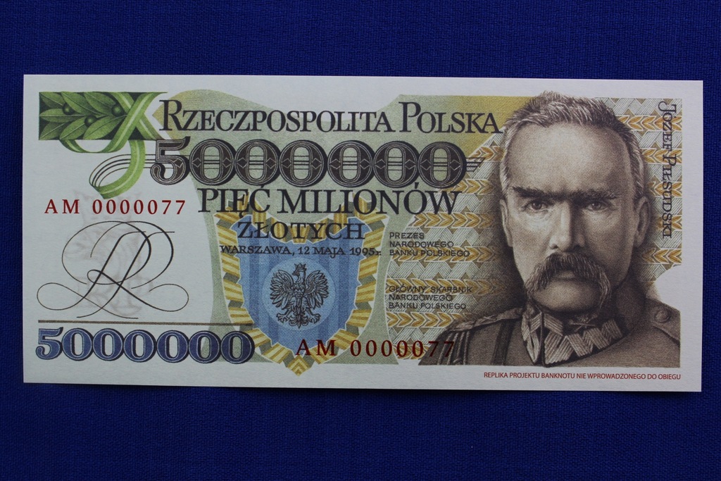Polski Banknot 5000000 złotych z 1995 roku seria AM stan UNC ...