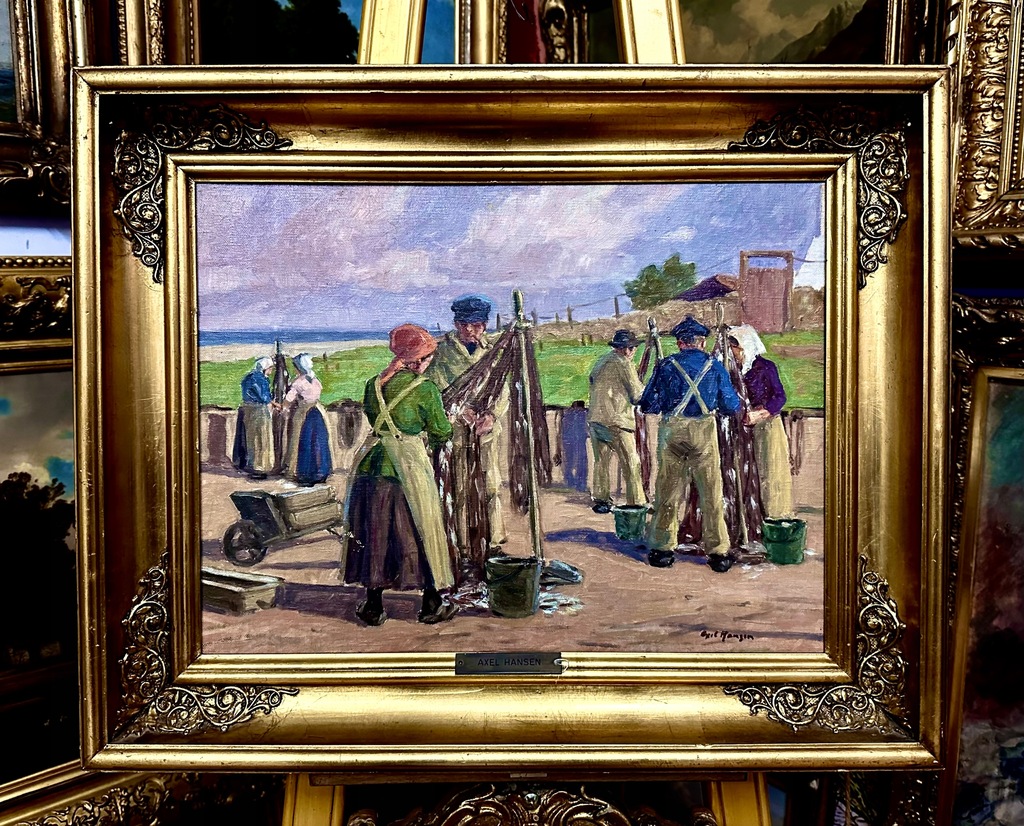 Axel HANSEN 1896 - RYBACY NAPRAWIAJĄCY SIECI CENNY OBRAZ I AUTORSKA RAMA - 15280083058 ...