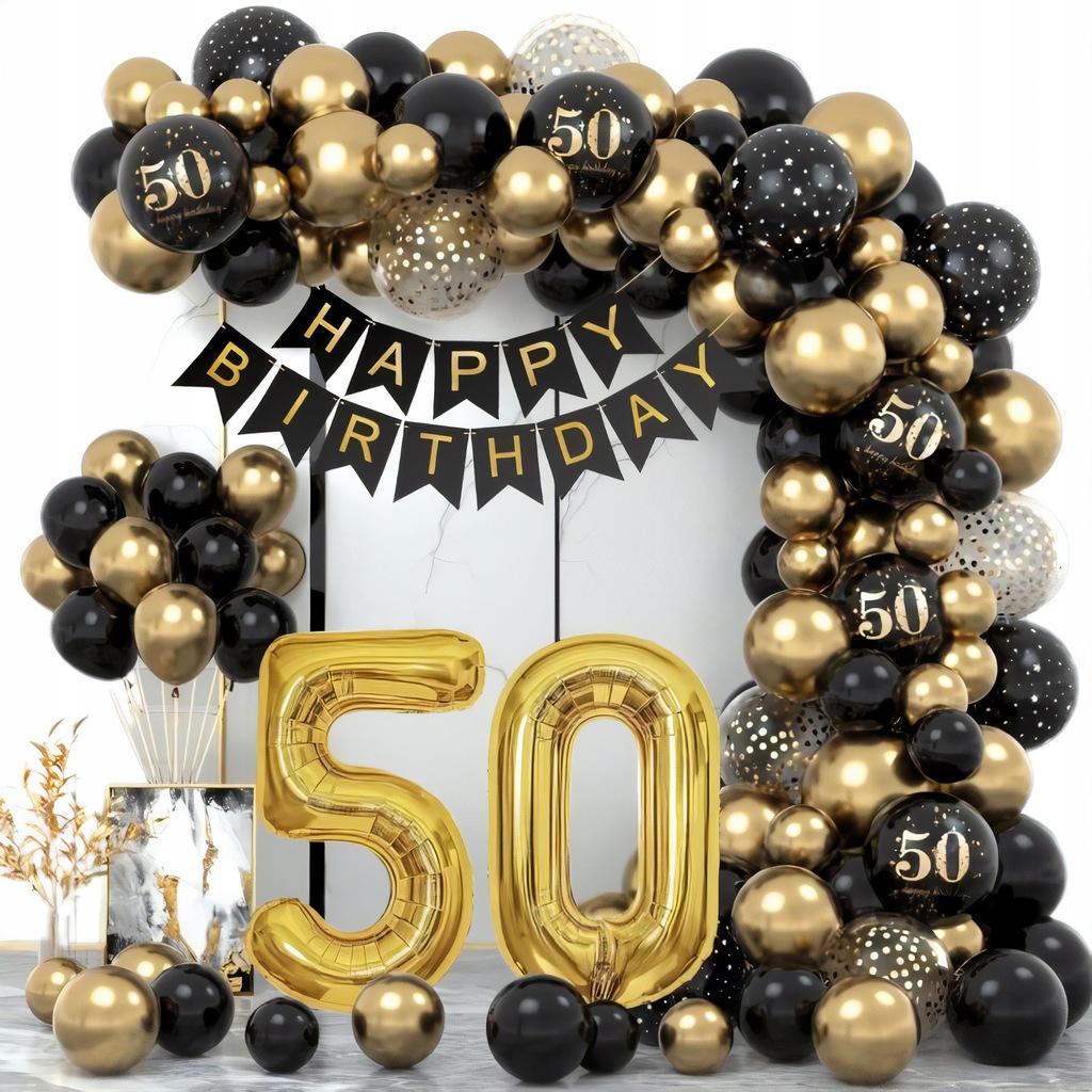 GIRLANDA BALONOWA CZARNO ZŁOTA 50 URODZINY BALONY ZESTAW BALONÓW DEKORACJE - 15171923129 ...