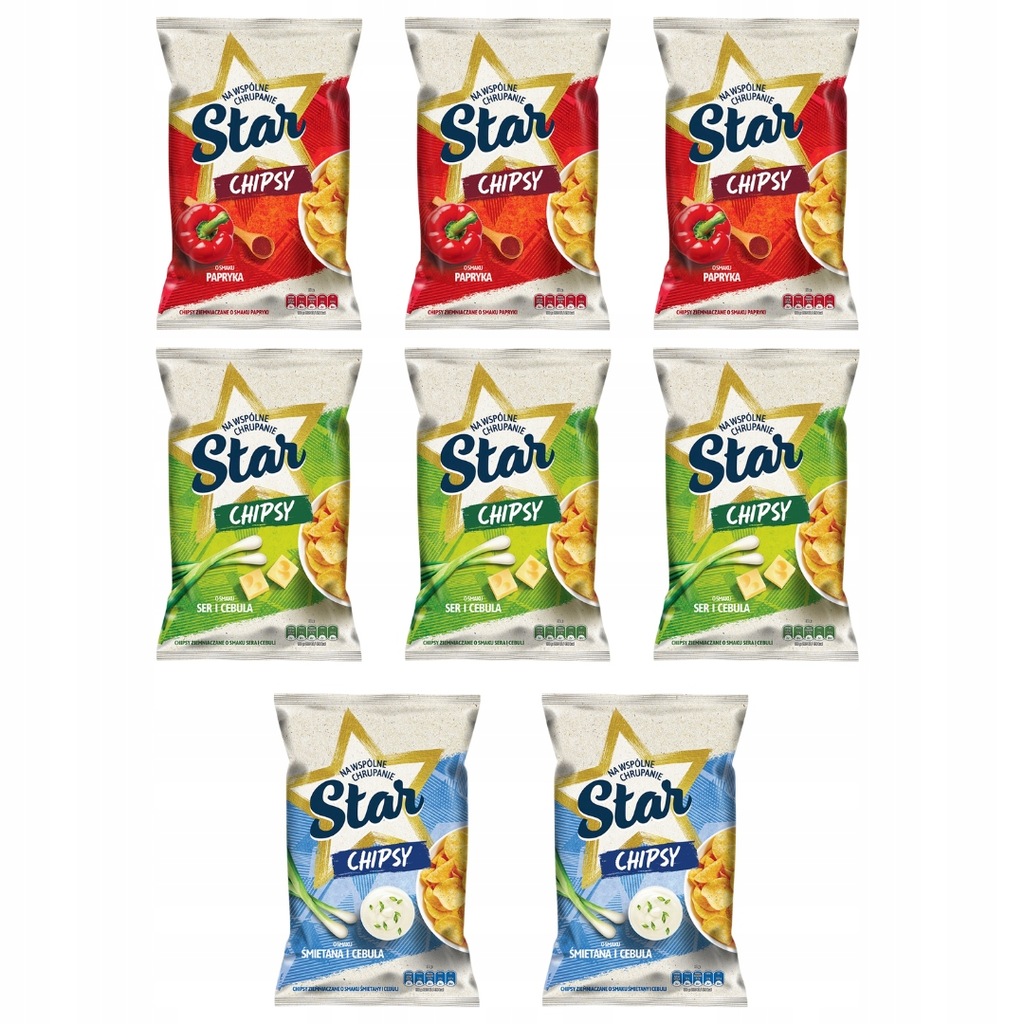 Chipsy Star Duże ziemniaczane papryka + ser + śmietana MEGA ZESTAW 8x ...