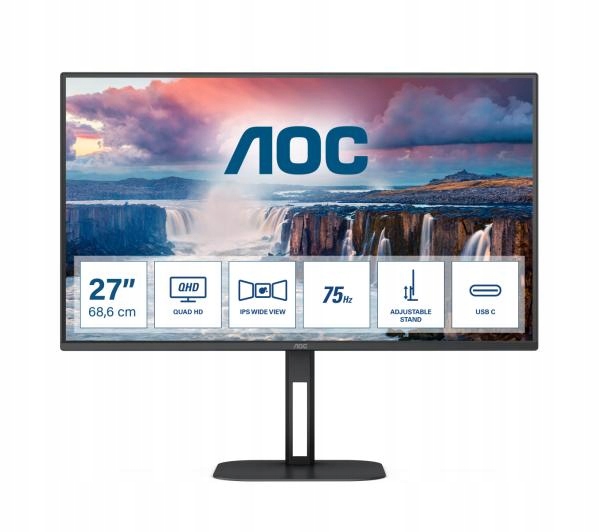 Monitor 27 cali AOC Q27V5C/BK IPS 75Hz 1ms 2K 2560 x 1440 HDMI DISPLAY ...